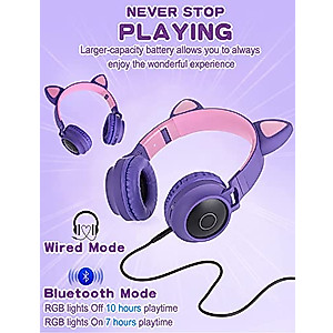 Usoun Kids Wireless Headphones,Cat Ear LED Light Up Wireless Foldable Headphones Over Ear with MIC,Stereo Sound,FM Radio/TF Card,Childrens Headset for Boys Girls Adults,School Study Home (Purple)
