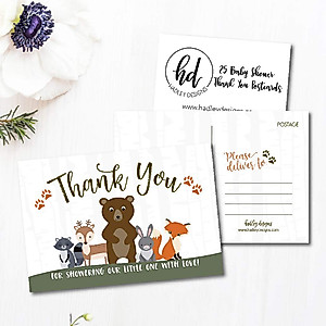 25 Girl or Boy Woodland Baby Shower Thank You Note Card Bulk Set, Blank Cute Animals Gender Reveal Neutral Sprinkle Postcards, No Envelope Needed For Party Gift, Personalize Printable Cardstock