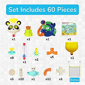 DIY Bath Toys for Toddlers Ages 1-3 and Kids 4-8, STEM Water Toys with Extra Features, 60-Piece Colorful Pipe Bathtub Set with Swiveling Valves, Top Right Toys