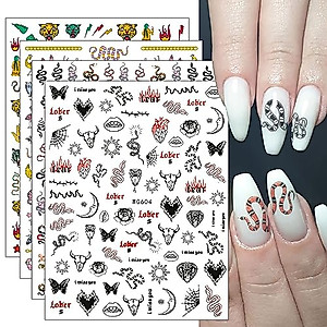 JMEOWIO 8 Sheets Halloween Goth Nail Art Stickers Decals Self-Adhesive Pegatinas Uñas Snake Horror Nail Supplies Nail Art Design Decoration Accessories
