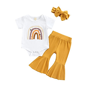 Hiusmilekid Newborn Infant Baby Girl Clothes Set Rainbow Romper Bodysuit Flare Pant Bell-Bottom Summer Outfit 3Pcs