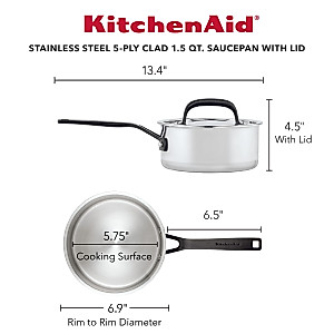 KitchenAid 5-Ply Clad Induction Sauce Pan with Lid, 1.5 Quart, Polished Stainless Steel