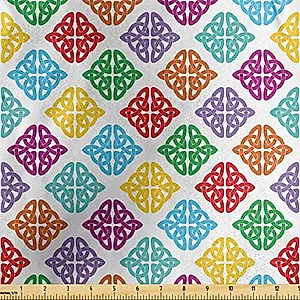 Lunarable Celtic Knot Fabric by The Yard, Colorful Antique European Ornate Design Mythological with Curved Lines, Decorative Satin Fabric for Home Textiles and Crafts, 1 Yard, Multicolor