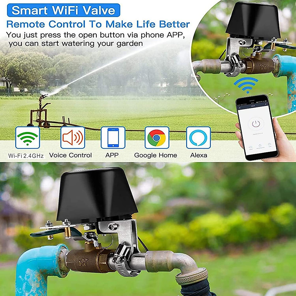Jinvoo upgraded version smart water valve closing, Wifi water valve, automatic ball valve watering timer, sprinkler controller, wireless gas shut-off valve controller, compatible with Alexa, Google