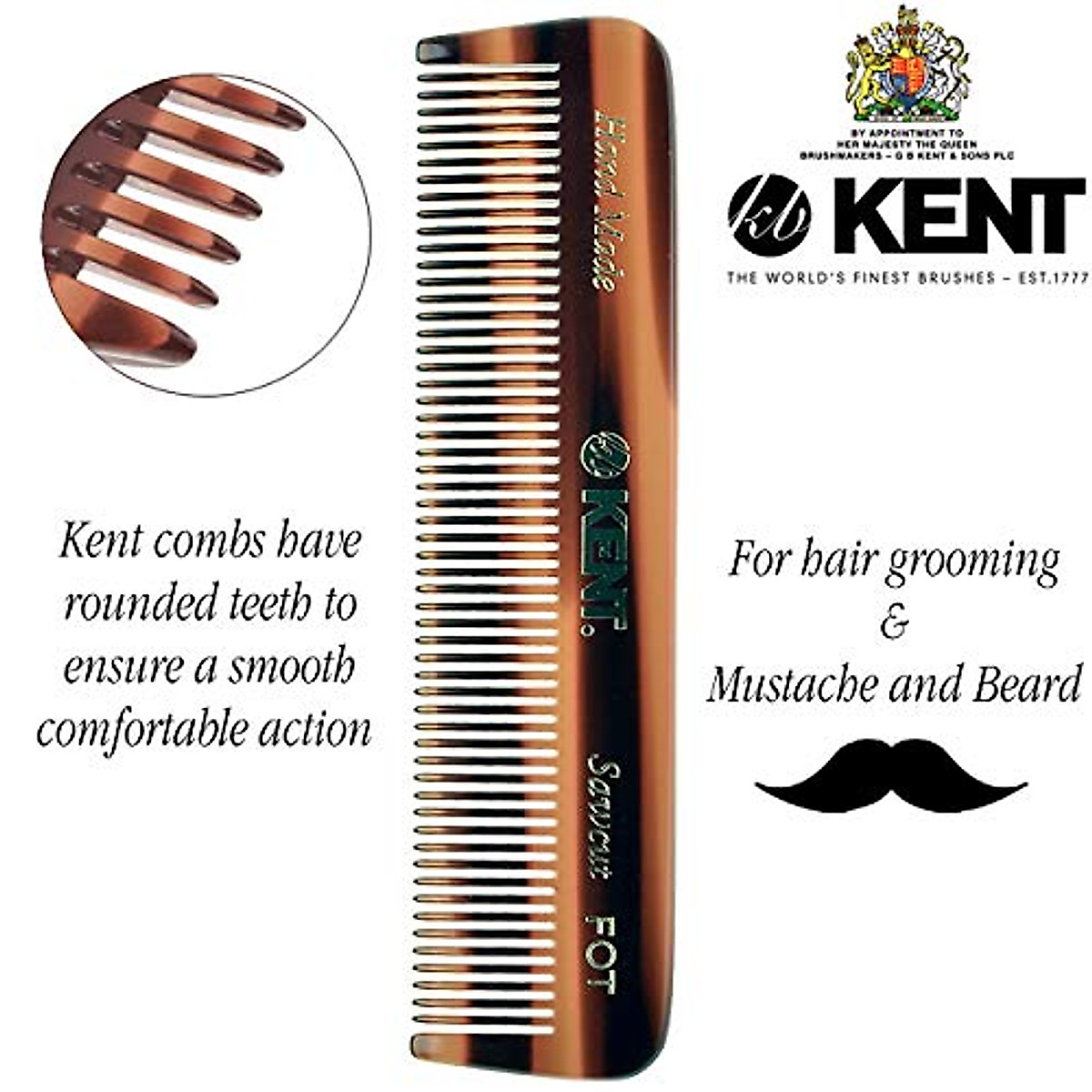 Kent A FOT Handmade All Fine Tooth Pocket Comb for Men, Hair Comb Straightener for Everyday Grooming Styling Hair, Mustache and Beard, Use Dry or with Balms, Saw Cut and Hand Polished, Made in England
