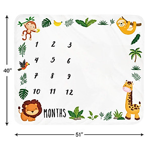 Baby Monthly Milestone Blanket Boy - Jungle Animals Neutral Newborn Month Blanket for Boy & Girl Personalized Shower Gift Safari Nursery Decor Photography Background Prop with Frame Large 51''x40''