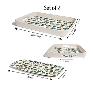 Finorder Serving Trays, Bamboo Fiber Tray with Handles, 16" x 12" Decorative Tray Great for Eating, Tea, Bar, Breakfast or Any Food Tray, Green Cactus Prints
