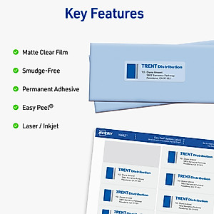 Avery Printable Address Labels with Sure Feed, 1-1/3" x 4", Matte Clear, Permanent Adhesive, Laser Printers, 140 Blank Mailing Labels, Great for Mailing, Product Labels, Jar Labels, and More (15662)