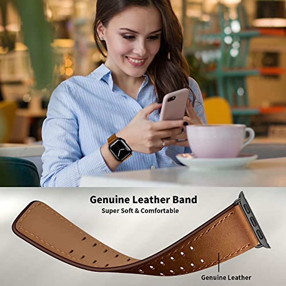 OUHENG Leather Bands Compatible with Apple Watch Band 49mm 45mm 44mm 42mm, Genuine Leather Replacement Band Strap Wristband for iWatch Ultra Series 8 7 6 5 4 3 2 1 SE2 SE Men Women, Retro Brown/Black