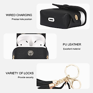 Simpolor Designed for Airpods Case (1st and 2nd Generation), Premium PU Leather AirPods Case Cover with Tassels and Metal Buckles, Compatible with Wireless Charging Cute Airpod Pouch Case, Black