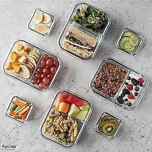 Fusion Gourmet Nestable Divided Glass Meal Prep Containers, 2 Compartment with Condiment container [4x 4 cup & 4x 1/2 cup] Airtight, Leak proof, Microwave Safe for Portion Control (Green)