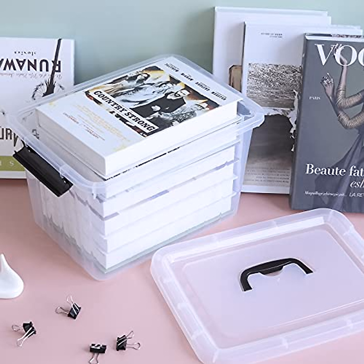 Qskely 6-Pack 10 L Clear Plastic Storage Box, Latch Storage Box with Handle