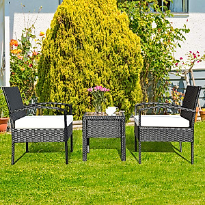 Tangkula AM0583HM 3 Piece Patio Furniture Set with 2 Cushioned Chairs & End Table, Black