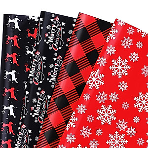 PlandRichW Christmas Wrapping Paper 12 Sheets Folded for Kids Boys Girls Men Women Gifts. Red, Black and White, Greetings, Reindeer, Plaid and Snowflakes, 20 X 29 Inches Each