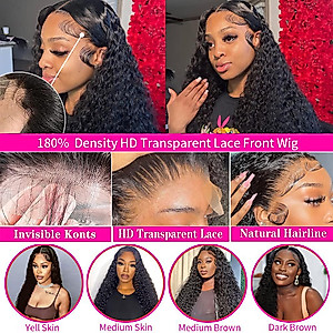 Hswpawk 13x6 Deep Wave Lace Front Wigs Human Hair HD Transparent Lace Front Wigs Human Hair Pre Plucked 180% Density Glueless Wigs Human Hair with Baby Hair Deep Curly Wigs for Women Natural Color 24