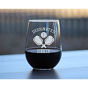 Designated Dinker - Stemless Wine Glass - Funny Pickleball Themed Decor and Gifts - Large 17 Oz Glasses