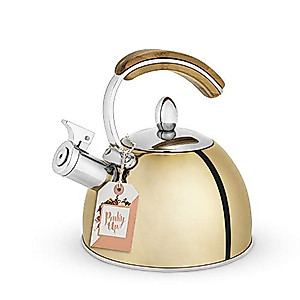 Pinky Up Presley Tea Kettle, Stovetop Stainless Steel Kettle, Whistling, Tea Accessorie gifts, Fast Boil Water Kettle, Wooden Handle, 70 oz, Gold
