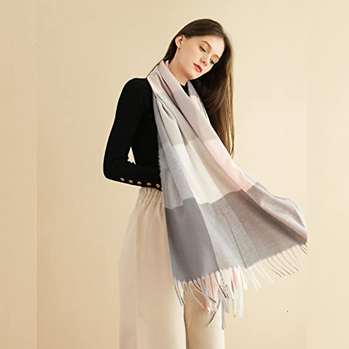 Sumato Scarf for Women Fall Winter Lightweight Shawl Wraps Long Blanket Women Scarves Warm Soft Cashmere Feel Plaid Pattern Tassel Grey