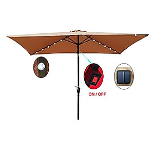 Solar Umbrellas, 10 x 6.5FT Patio Umbrellas with 26 LED Lights, Rectangular Outdoor Umbrellas with Crank and Push Button Tilt Adjustment, Table Market Umbrella for Garden Backyard Pool, Brown