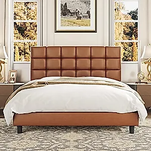 Yaheetech Upholstered Platform Bed Frame with Faux Leather Headboard Height Adjustable, Mattress Foundation Wooden Slats Support No Box Spring Needed, Amber Brown-Full