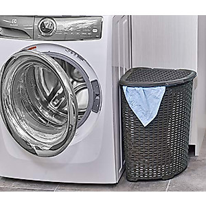 Corner Laundry Hamper Basket with Lid 50 Liter - Brown Wicker Hamper, Durable, Lightweight Bin with Cutout Handles - Storage Dirty Cloths Curved Shape Design Fits Bathroom, Door, Closet. By Superio