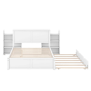 Lifeand Full Size Storage Platform Wooden Bed with Pull Out Shelves and Twin Size Trundle, White