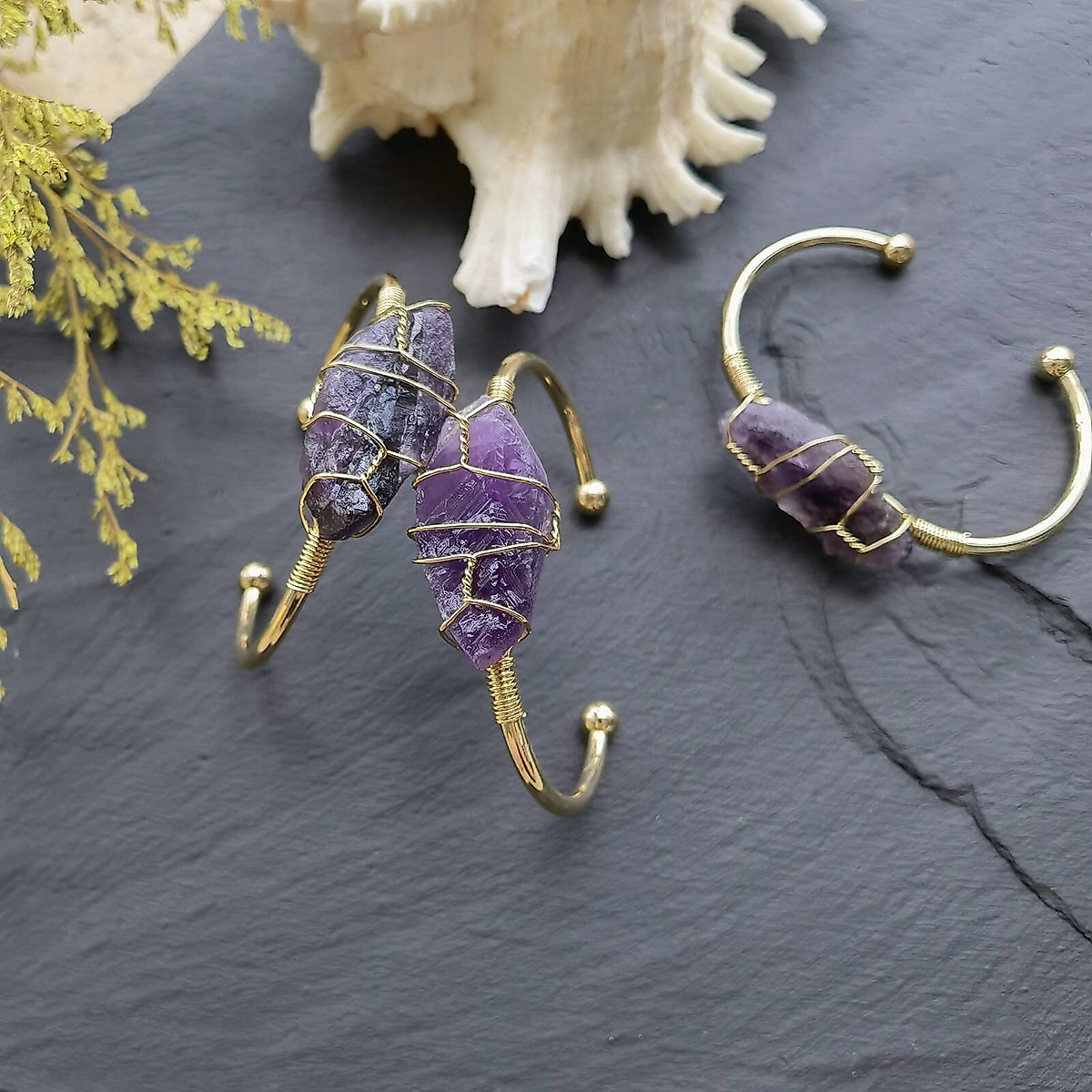 Amethyst Bangle Bracelet, Gold Plated Wire Wrap Natural Purple Crystal February Birthstone Bracelet Cuff for Women, Handmade Adjustable Irregular Raw Gemstone Large Wrists, 0.8’’~1.4’’