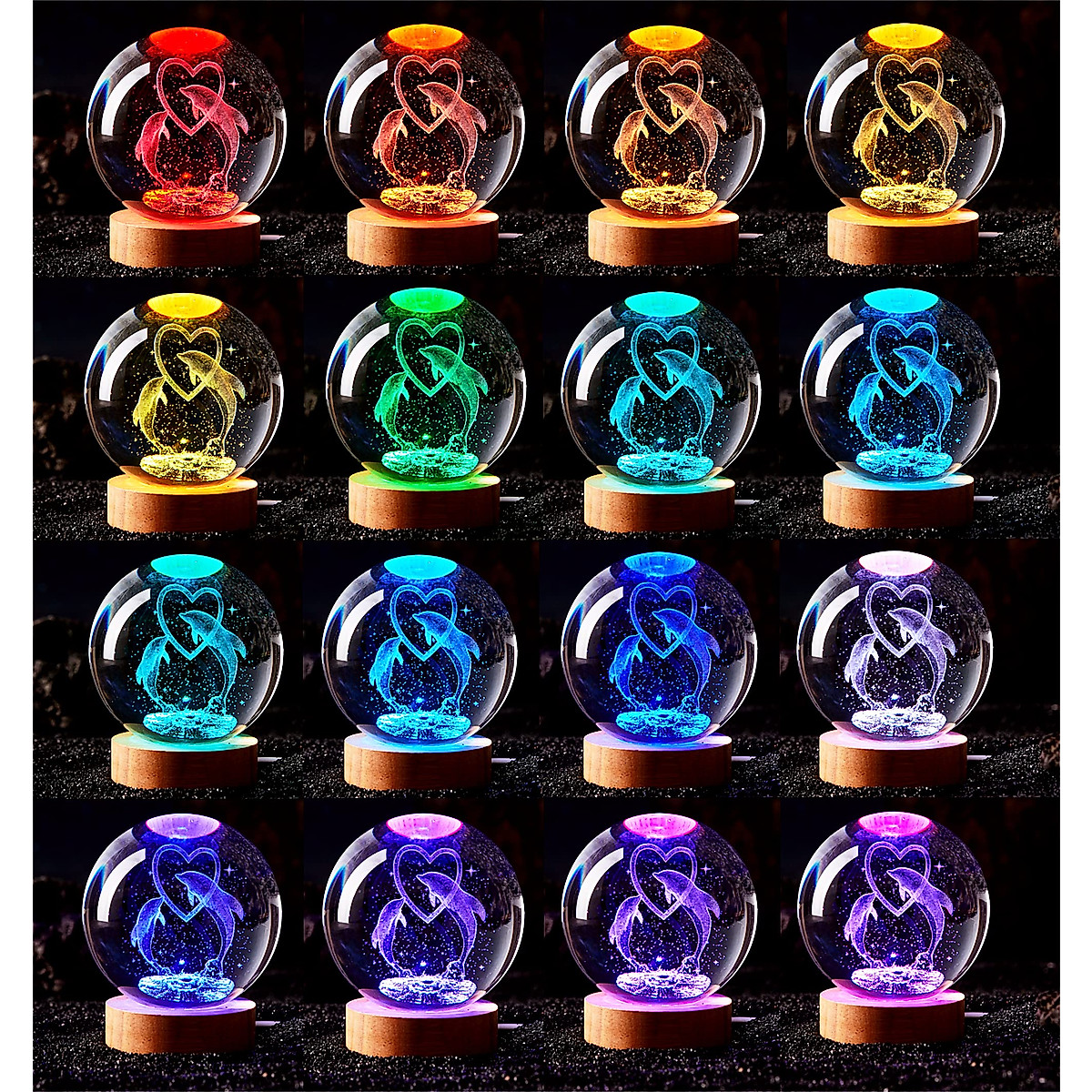 3D Dolphin Crystal Ball Lamp,3.15 inch Crystal Ball Night Light with Wooden Base,16 Colors Changing Light,Dimmable Remote Control,Desk lamp (H)