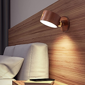 Leapair Wooden LED Wall Sconce, Wall Mounted Lamp,Wooden Night Light with Rechargeable Battery Operated 360°Rotate Magnetic Ball, Cordless Wall Light for Reading