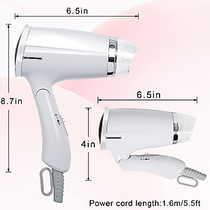 Travel Hair Dryer Folding Hair Blow Dryer Compact Travel Blow Dryer Portabel Small Hair Dryer 3 Heat Settings Lightweight Mini 8x7inch Low Noise (White)