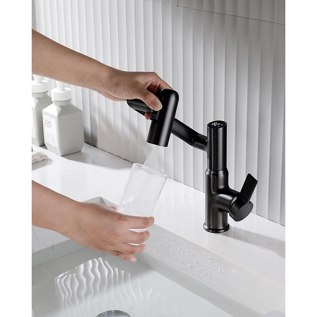 Lefton Rotatable Bathroom Faucet with Temperature Display in Fahrenheit (Batteries-Free), 3 Water Outlet Modes, Matte Black, BF2204-3