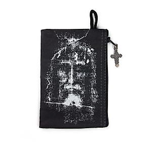 Catholic Rosary Pouch, Shroud of Turin & the Lord's Prayer, 4" x 6" Jewelry & Coin Purse with Cross, Small Woven Tapestry Icon Bag, Bolsa de Rosario Católico para Joyería