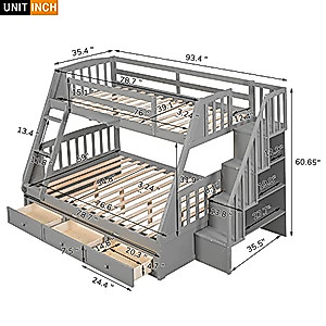 Merax Wooden Twin Over Full Stairway Bunk Bed with Three Storage Drawer, Storage Staircase, Removable Ladder and Safety Guardrail, Convertible to 2 Separated beds, Grey