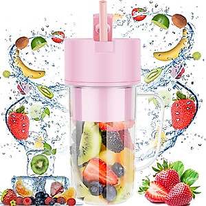Portable Blender, 340ml Personal Electric Smoothie Blender with 10 Blades 1500mAh USB Rechargeable Mini Blender Cup with Handle Straw Cordless Personal Blender for Kitchen/Travel/Gym (Pink)