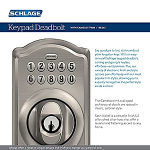 Schlage BE365 CAM 626 Camelot Keypad Deadbolt, Electronic Keyless Entry Lock, Satin Chrome