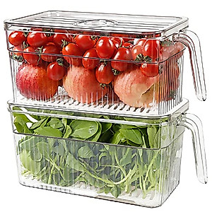 loobuu Produce Saver Containers for Refrigerator - 2 Pack Stackable Food Storage Container for Fridge, Berry Keeper Boxes with Removable Drain Tray Keep Fresh for Vegetables, Fruit,Meat and Salad