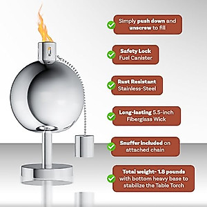 Table Top Torch Canister - 10in Tall Stainless Steel Refillable Citronella Torches Outdoor - Tabletop Torches for Outside Patio or Deck - Oil Lamp Outdoor Lighting by Pure Garden