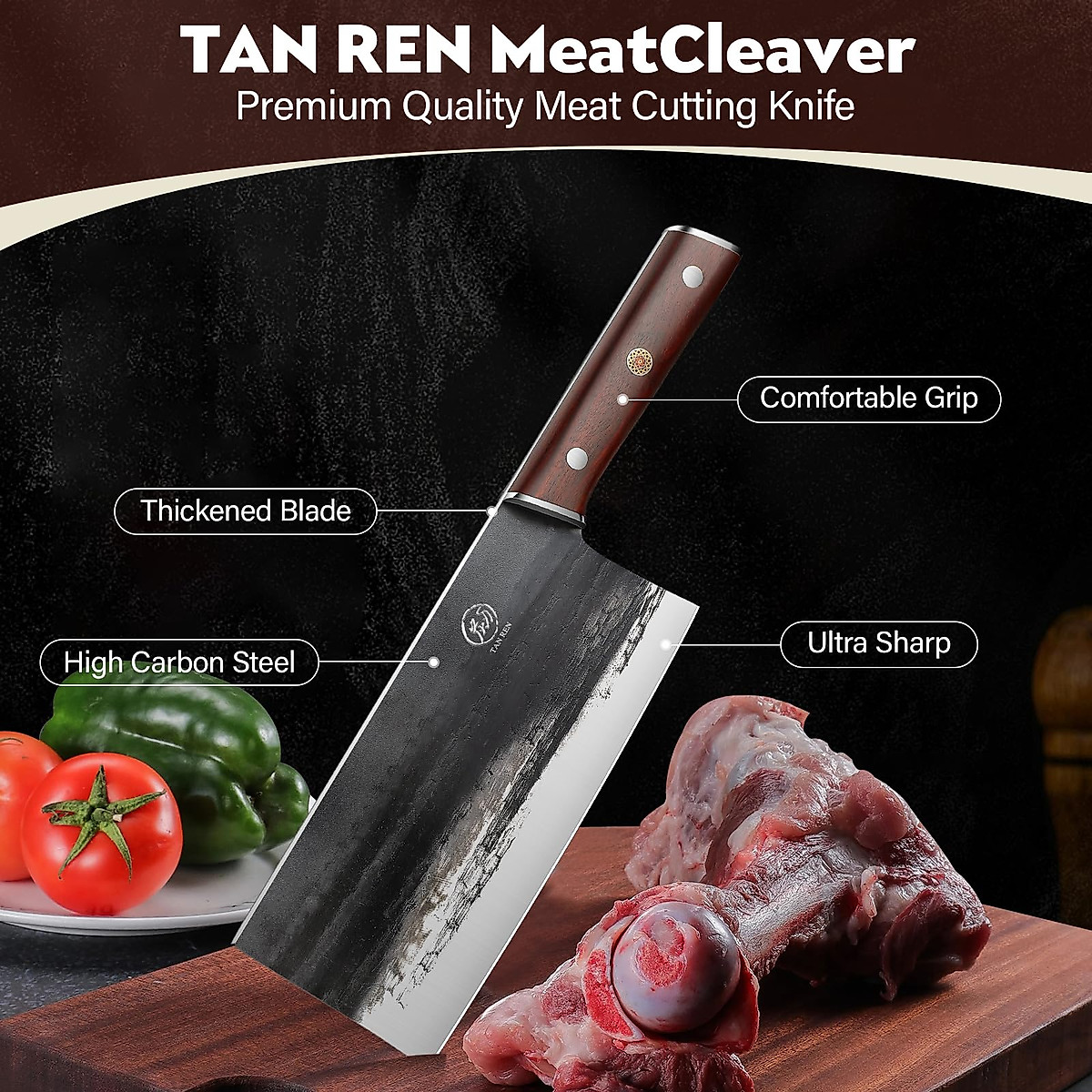 TAN REN 7.5 Inch Chinese Cleaver Knife and 8 Inch Cleaver Knife for Meat Cutting, High Carbon Steel Boning Knife, Full Tang Meat Cleaver Knife for Home Kitchen