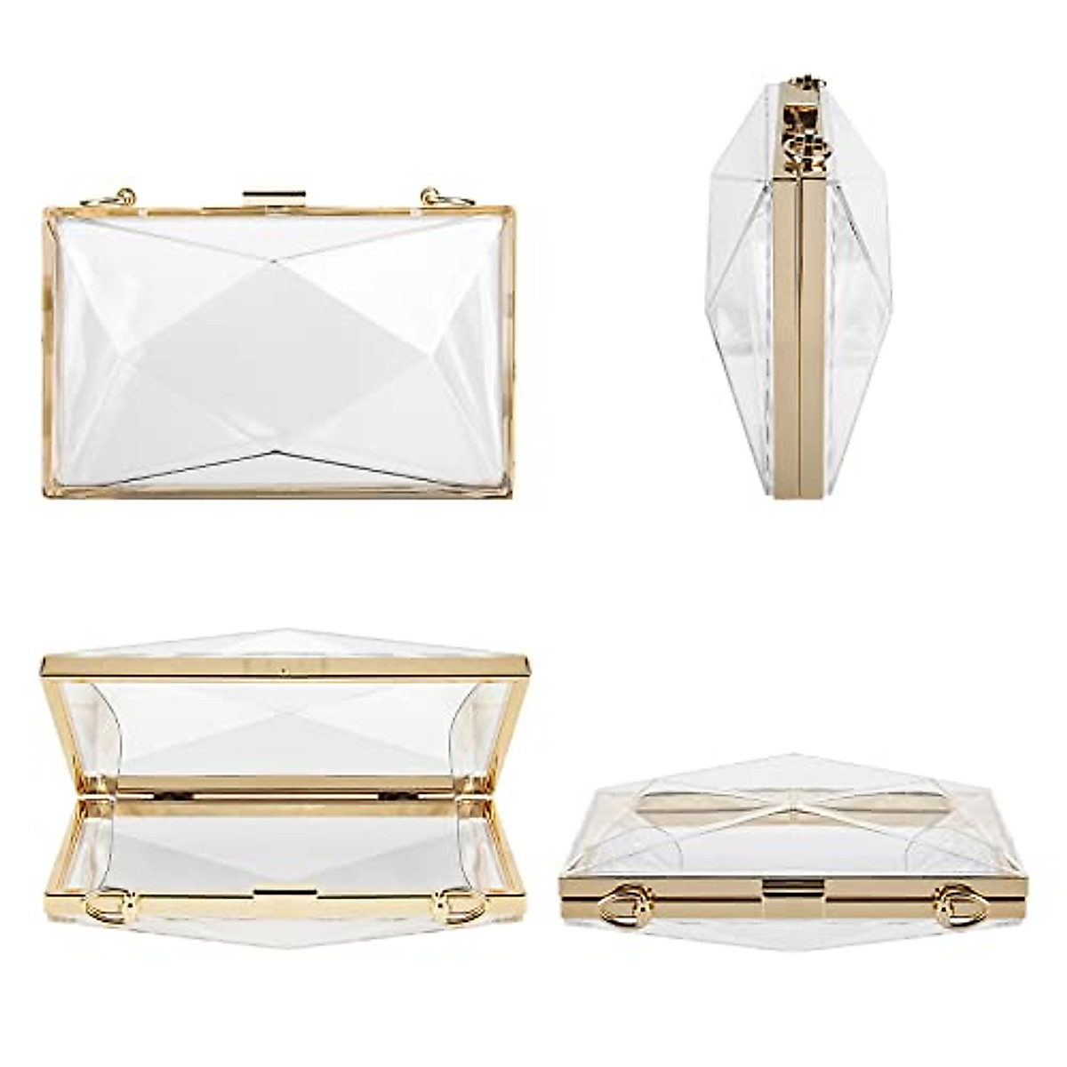 Women Clear Purse, Acrylic Box Evening Clutch Bag, Transparent Rhombus Lady Party Wedding Crossbody Shoulder Handbag (Gold)