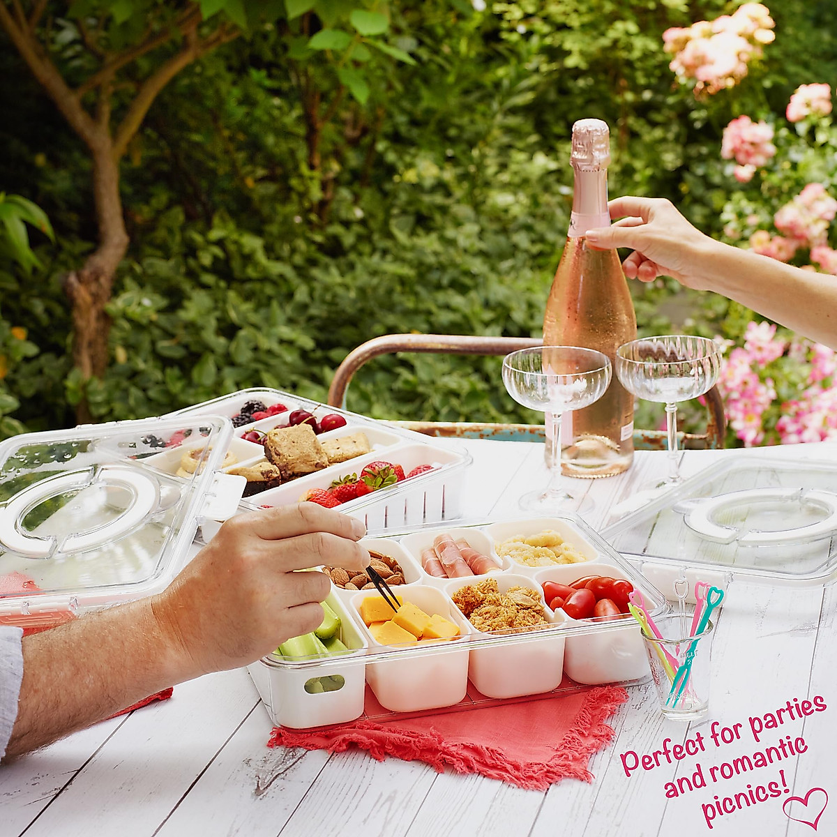 Gorgania 2 Pack Divided Serving Tray with Lid and Handle, Travel Snack Box Charcuterie Container for Portable Snack Platter, 8+4 Compartments Stackable Clear Snack Tray for Veggie, Candy, Nuts