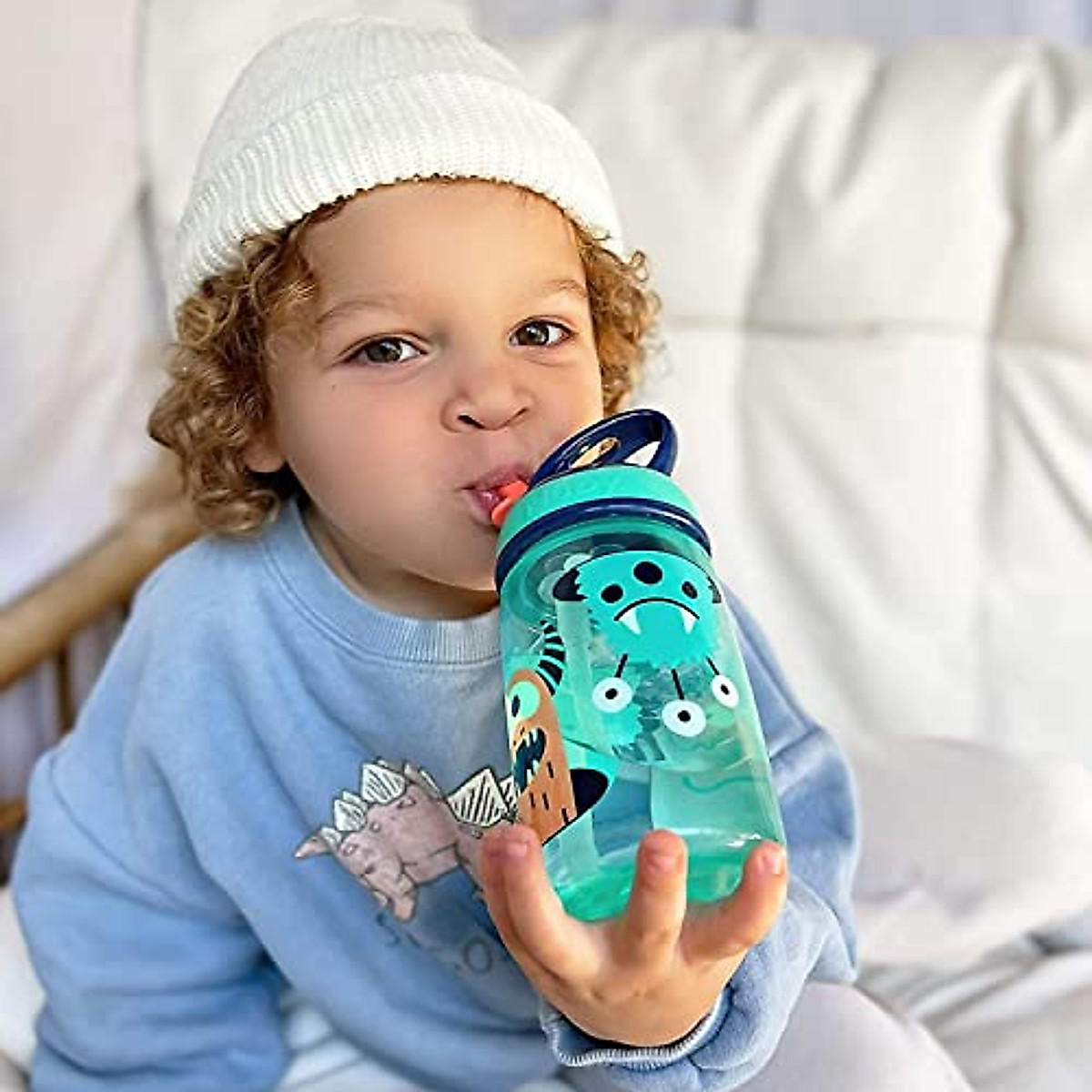 Nuby Flip-it Kids On-The-Go Printed Water Bottle with Bite Proof Hard Straw - 12oz / 360 ml, 18+ Months, 1 Pack of 1 Piece, Prints May Vary