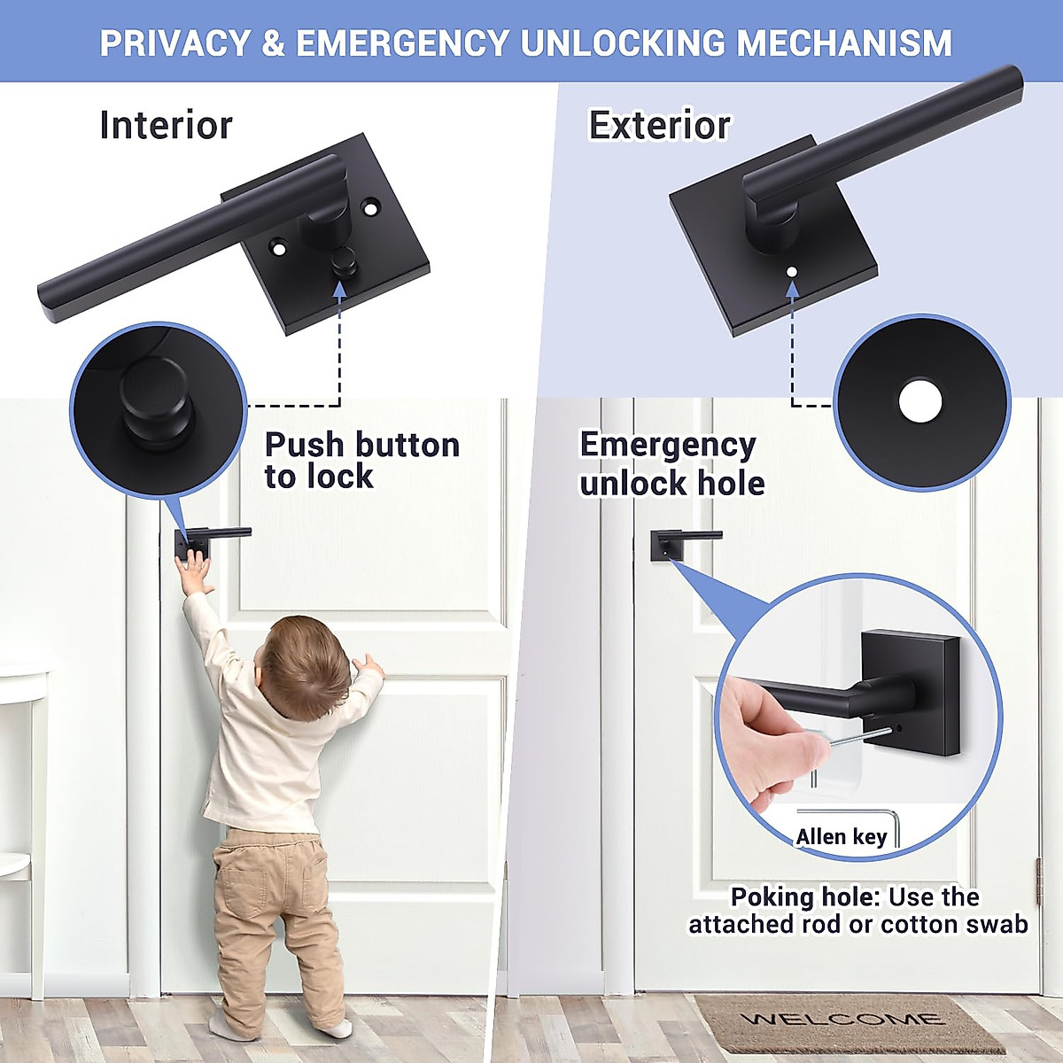 Ohuhu Black Door Handle, 6 Pack Door Knobs Interior Matte Heavy Duty Privacy Door Lever with Lock - Square Modern Passage Locking Set Contemporary Reversible Keyless for Bedroom Bathroom Satin Zinc