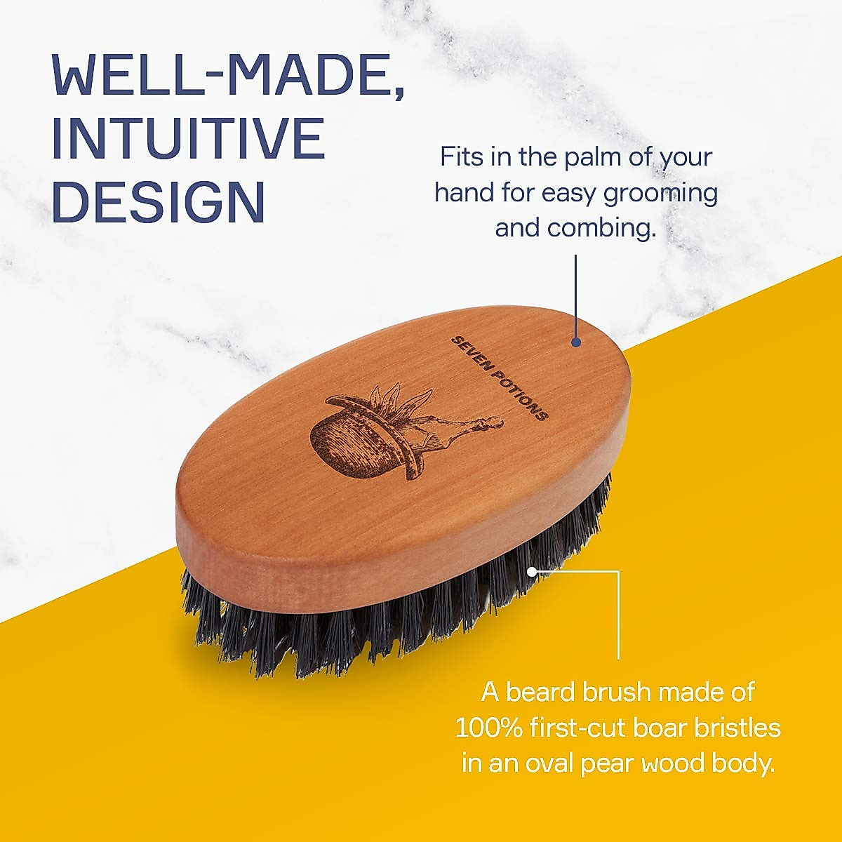 Seven Potions Beard Brush For Men With 100% First Cut Boar Bristles. Made in Pear Wood With Firm Bristles To Tame and Soften Your Facial Hair
