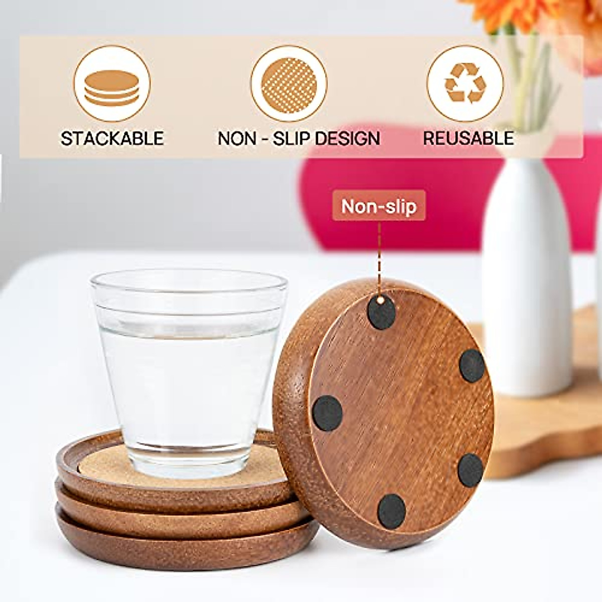 Wooden Drink Coasters,4 Cup Coasters for Drinks Absorbent Cork Coasters Set,Large Natural Wood Stackable Reusable Coasters for Home Office Coffee Bar Table,Rustic Gifts for New Home Friends (4 Pack)