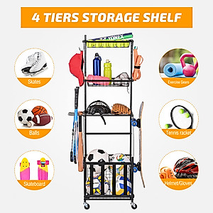 PLKOW Sports Equipment Storage for Garage, Indoor Outdoor Sports Rack for Garage, Ball Storage Garage Organizer with Basket and Hooks,Toy Sports Gear Storage