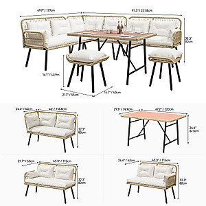 YITAHOME 6-Piece Patio Wicker L-Shaped Furniture Set, All-Weather Rattan Outdoor Conversation Sofa Set for Backyard Deck with Soft Cushions,Ottomans and Plastic Wood Dining Table (Light Brown+Beige)