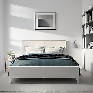 AOCOROE Solid Wood Full Bed Frame, Wooden Full Bed, Full Platform Bed with Headboard, Foot Board and Slats, No Box Spring Needed, White