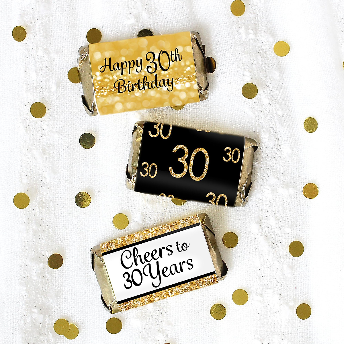 Black and Gold 30th Birthday Party Mini Candy Bar Wrappers - 45 Stickers