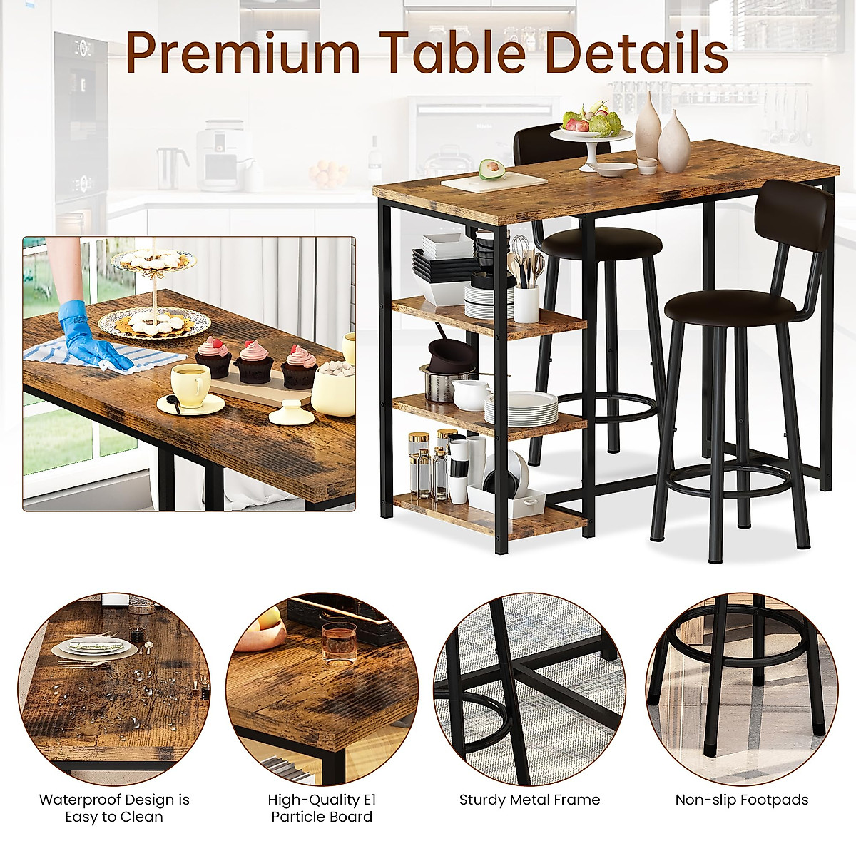 LTTROMAT Kitchen Dining Table Set for 2, Bar Table and Chairs Set with 3 Storage Shelves, Tall Dining Table with 2 PU Leather Backrest Stools for Small Space, Kitchen Island, Apartment, Brown