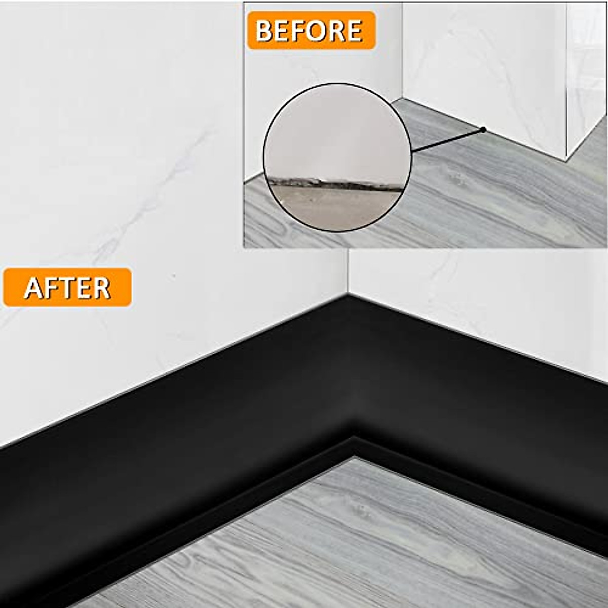 Vinyl Wall Base 4" Vinyl Baseboard Molding Flexible Vinyl Floor Base with 1" Crease Rubber Base Molding for Wall Easy to Install Use to Cover Wall Crevice (5" Wide x 19.7' Long, Black)